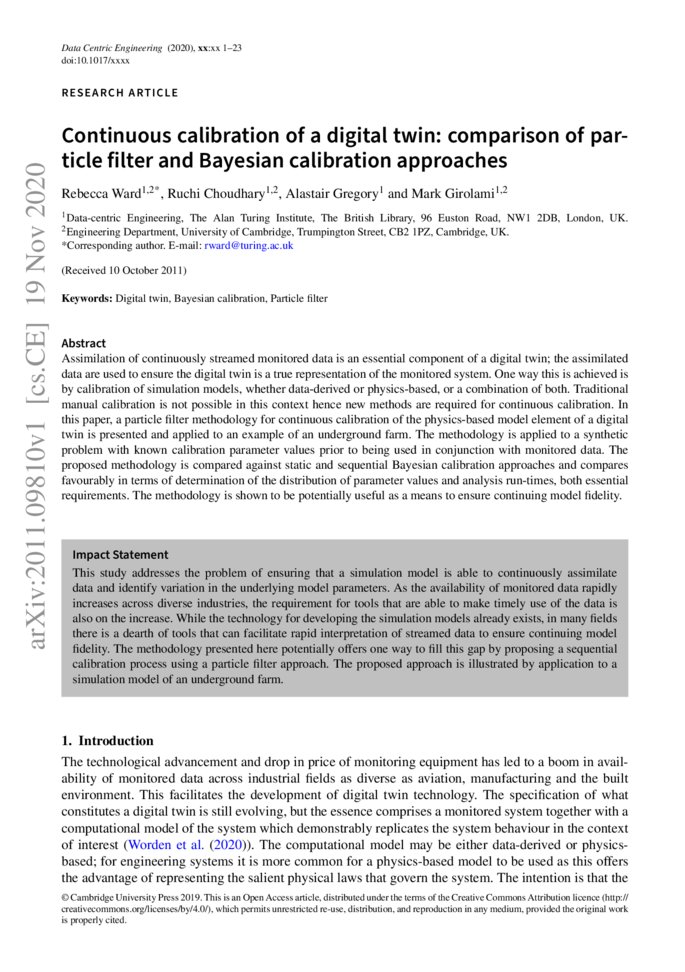 Continuous calibration of a digital twin: comparison of particle filter ...