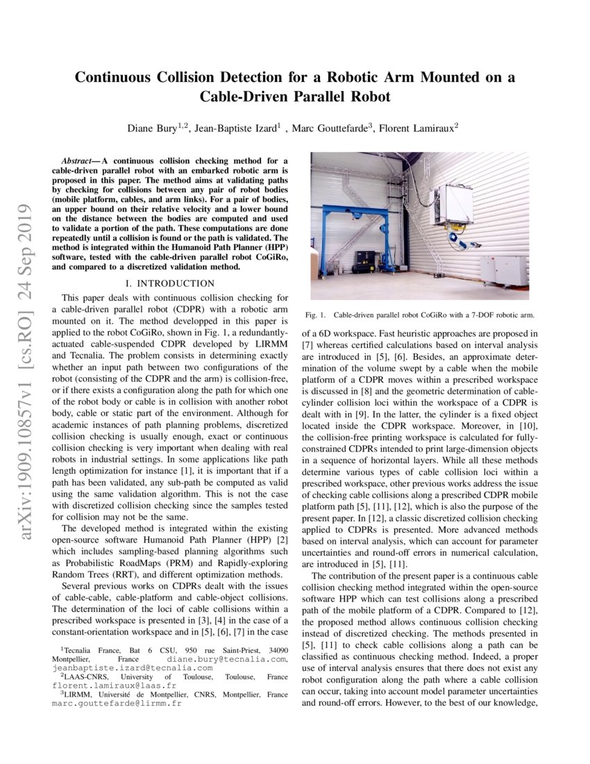Continuous Collision Detection For A Robotic Arm Mounted On A Cable