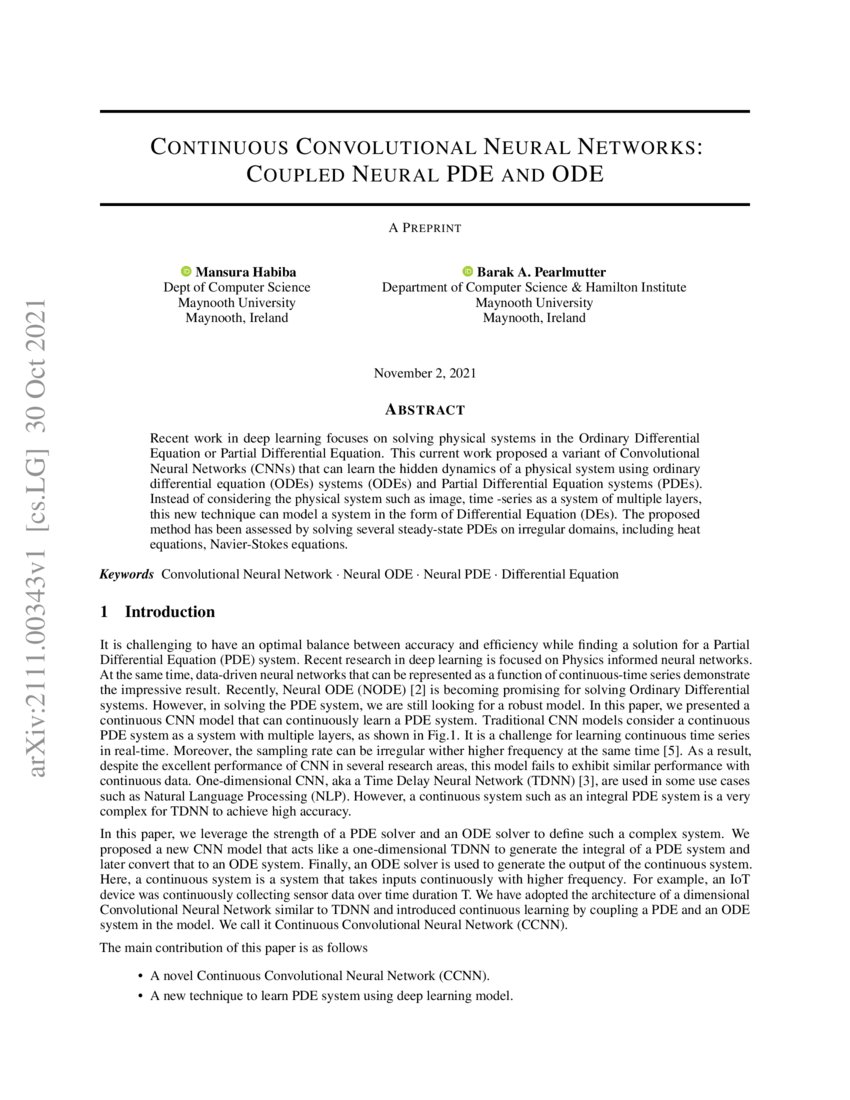 Continuous Convolutional Neural Networks: Coupled Neural PDE and ODE | DeepAI