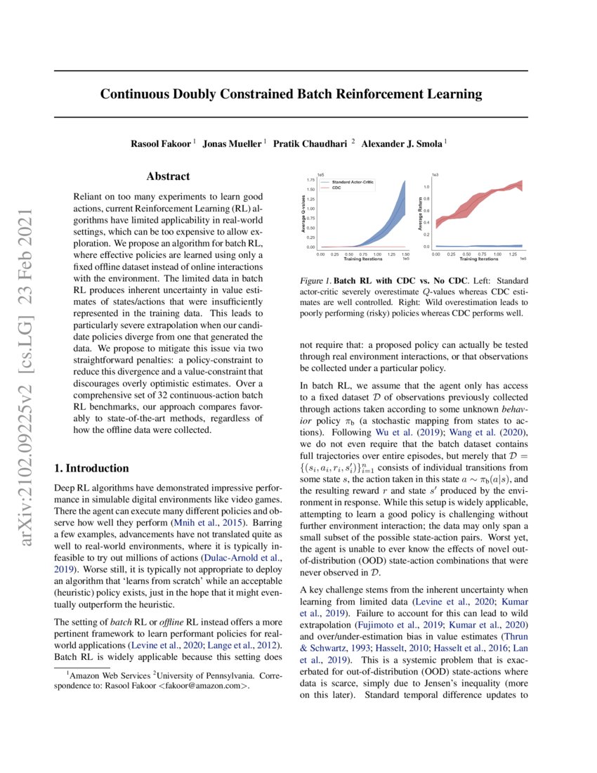 Continuous Doubly Constrained Batch Reinforcement Learning | DeepAI