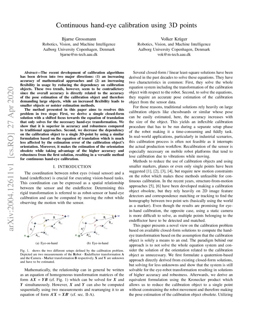 Continuous hand-eye calibration using 3D points | DeepAI