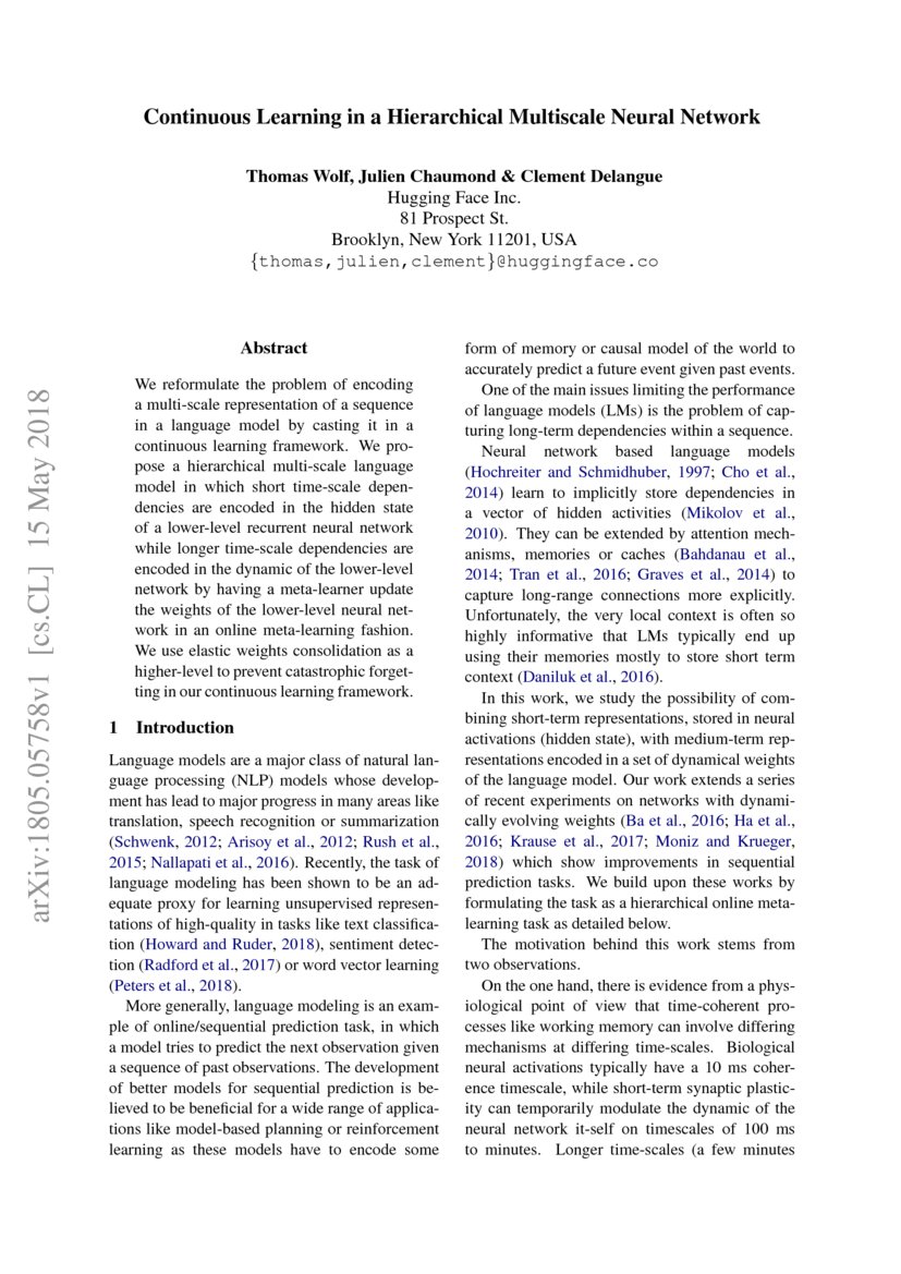 Continuous Learning in a Hierarchical Multiscale Neural Network | DeepAI