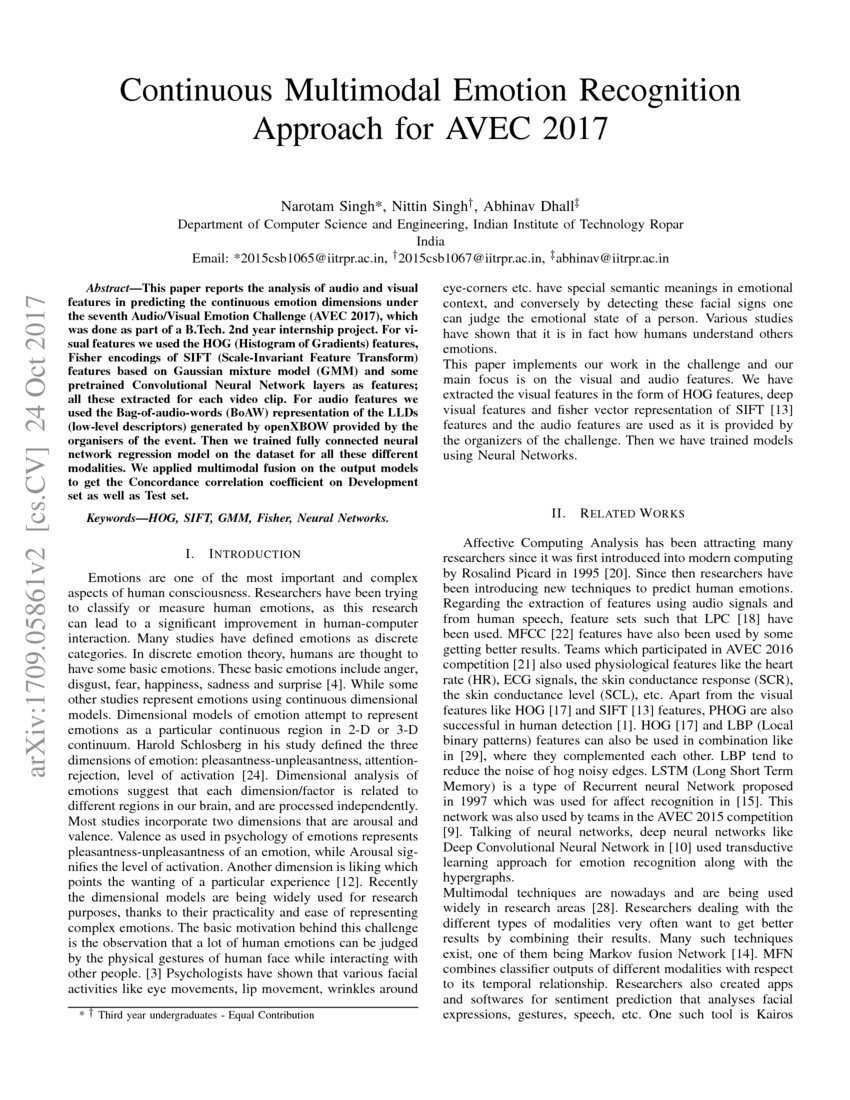 Continuous Multimodal Emotion Recognition Approach for AVEC 2017 | DeepAI