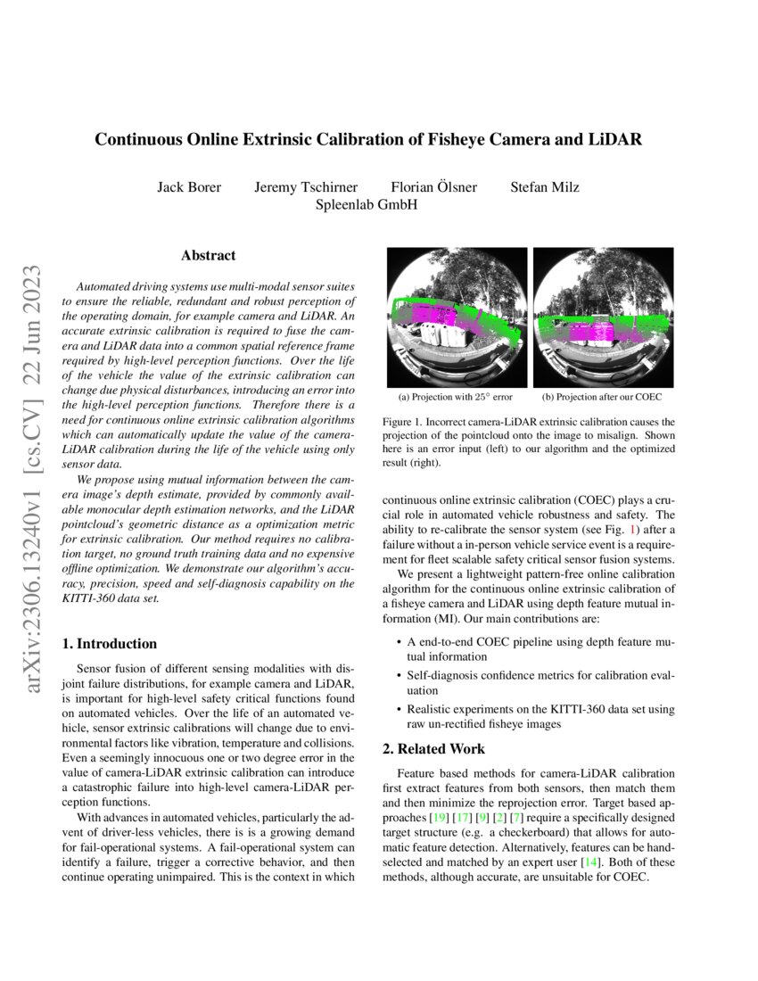 Continuous Online Extrinsic Calibration of Fisheye Camera and LiDAR ...