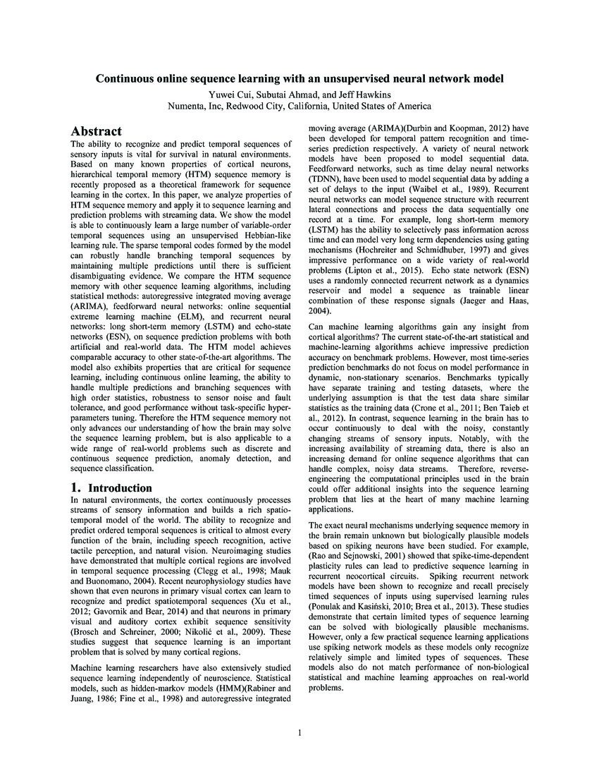 Continuous online sequence learning with an unsupervised neural network ... Continuous online sequence learning with an unsupervised neural network ...