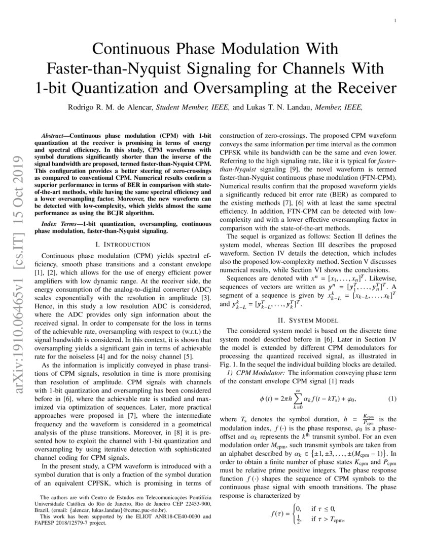 Continuous Phase Modulation With Faster-than-Nyquist Signaling for Channels With 1-bit ...