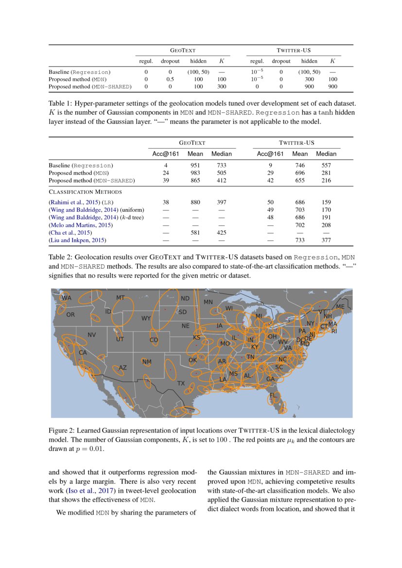 Continuous Representation of Location for Geolocation and Lexical Dialectology using Mixture ...