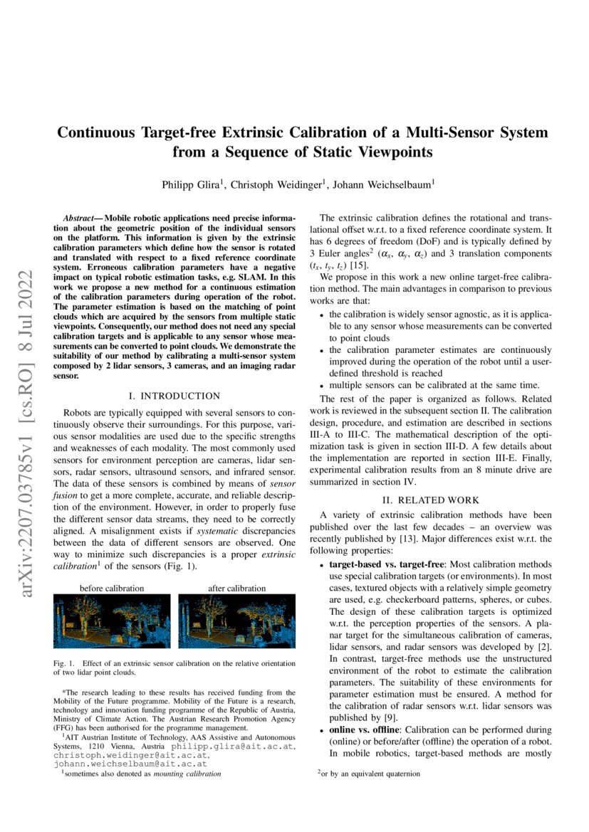 Continuous Target-free Extrinsic Calibration of a Multi-Sensor System from a Sequence of Static ...