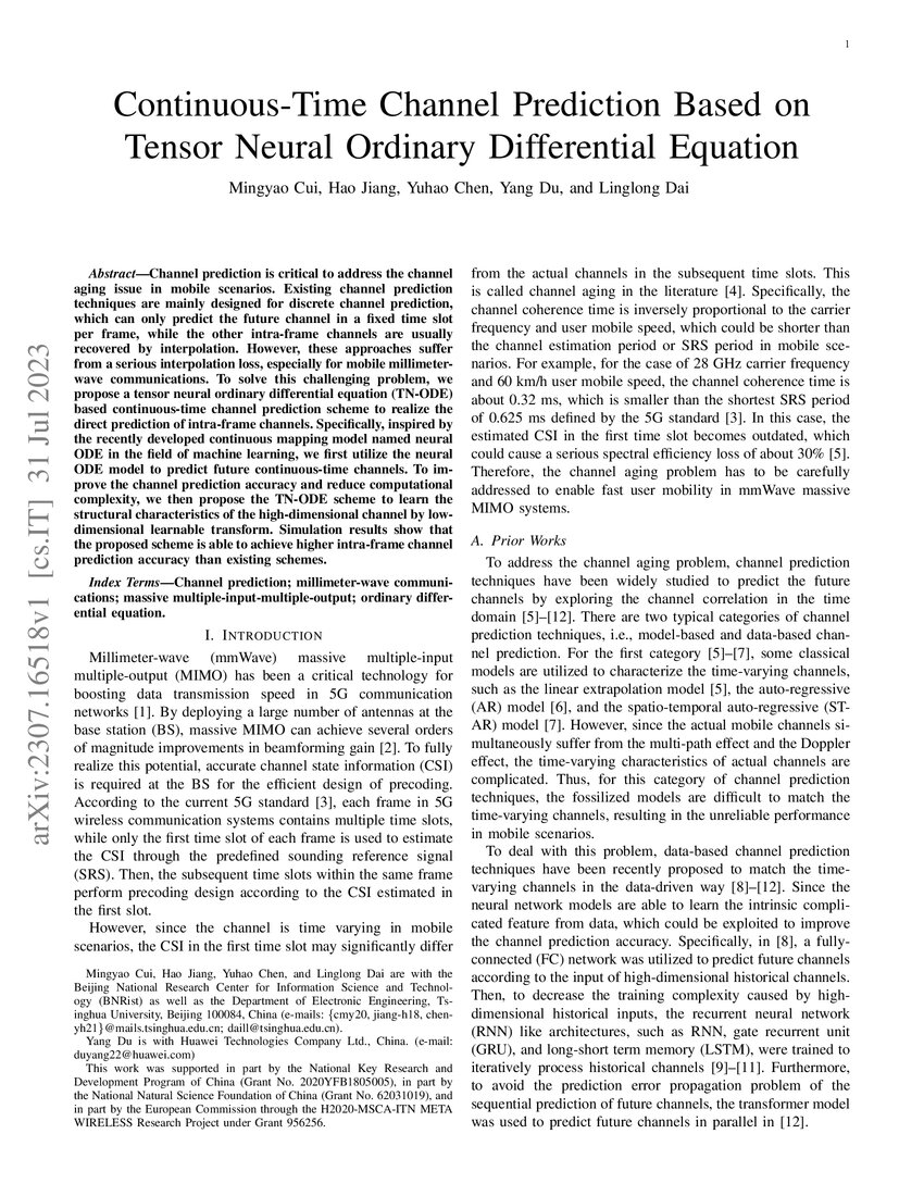 Continuous-Time Channel Prediction Based on Tensor Neural Ordinary Differential Equation | DeepAI