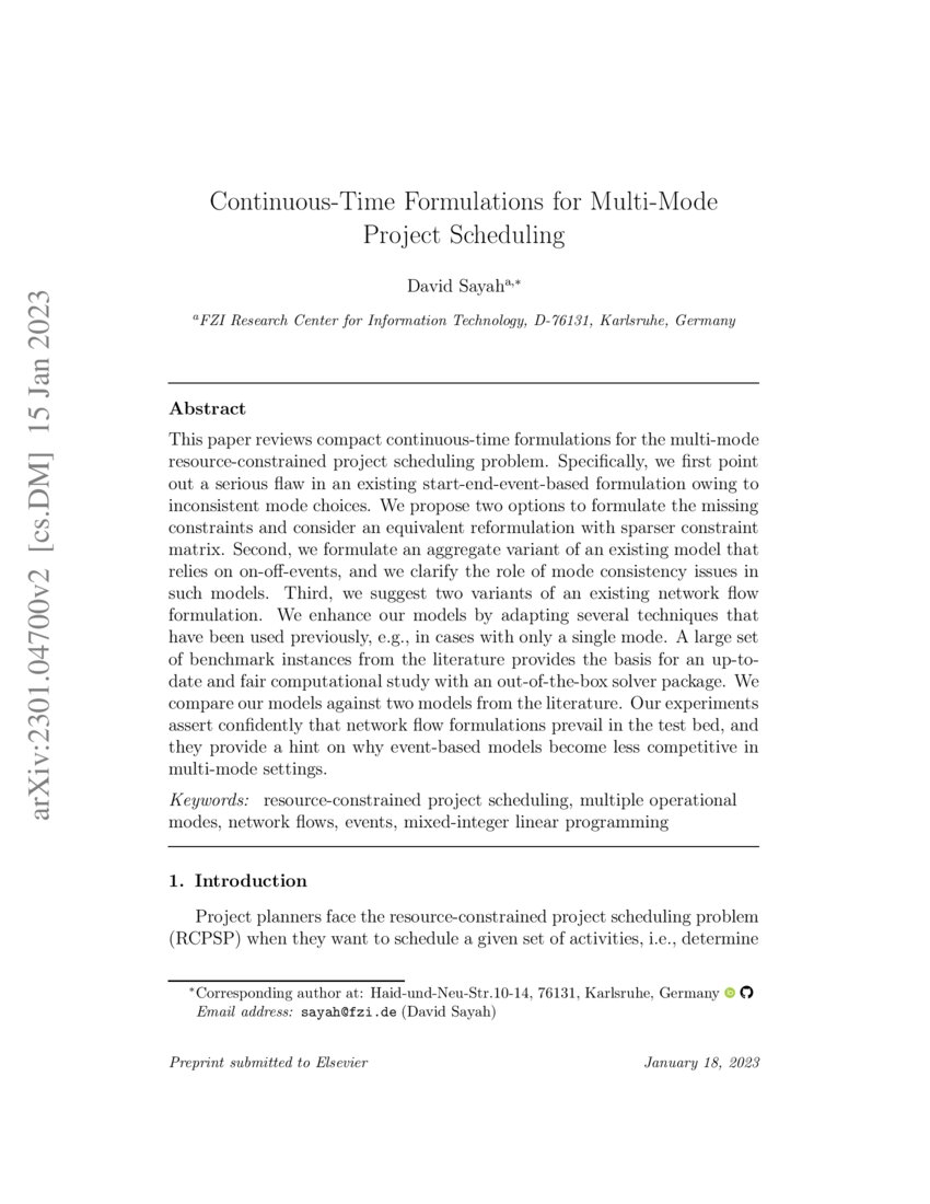 Continuous Time Formulations For Multi Mode Project Scheduling Deepai