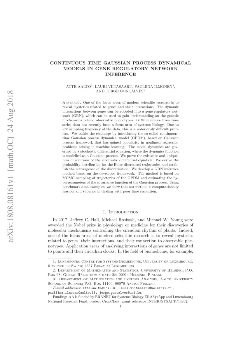 Continuous Time Gaussian Process Dynamical Models In Gene Regulatory Network Inference Deepai