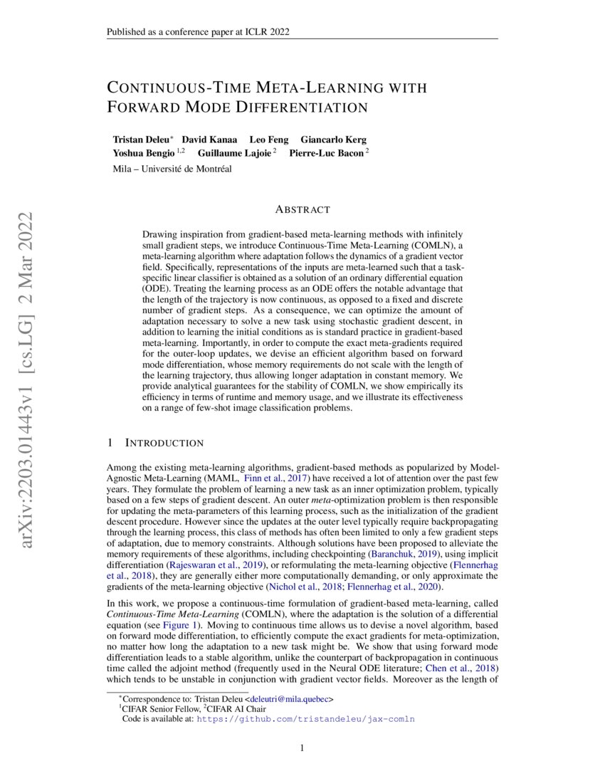 Continuous-Time Meta-Learning with Forward Mode Differentiation | DeepAI
