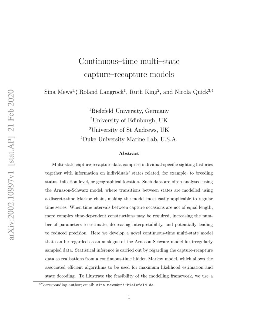 Continuous Time Multi State Capture Recapture Models Deepai