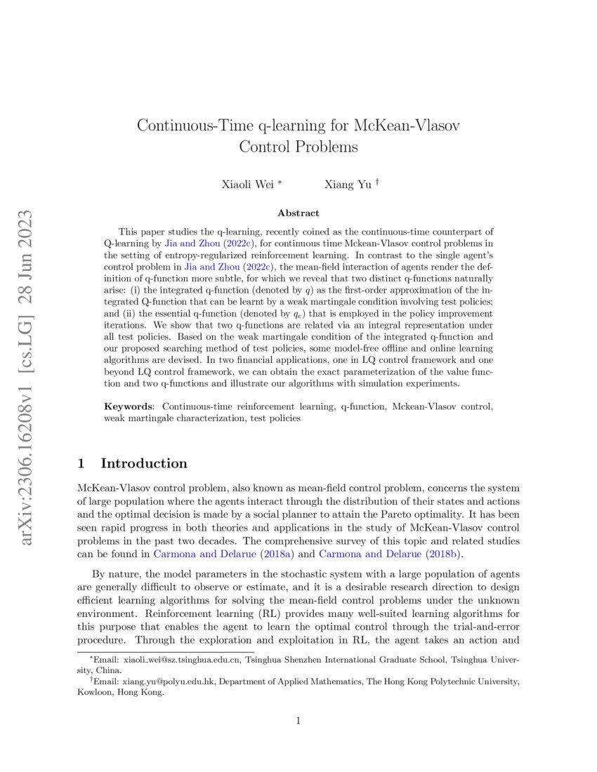 Continuous Time Q Learning For Mckean Vlasov Control Problems Deepai