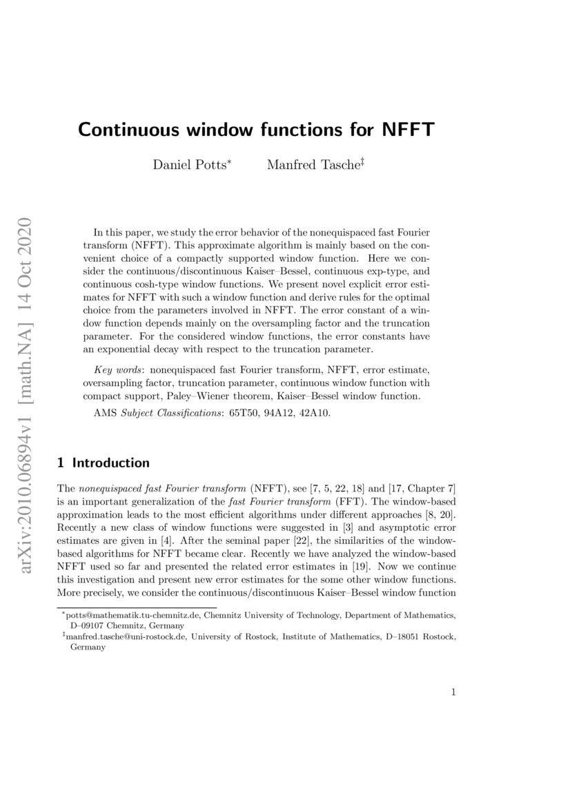 Continuous window functions for NFFT | DeepAI