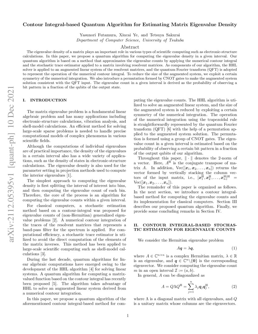 Contour Integral-based Quantum Algorithm for Estimating Matrix Eigenvalue Density | DeepAI