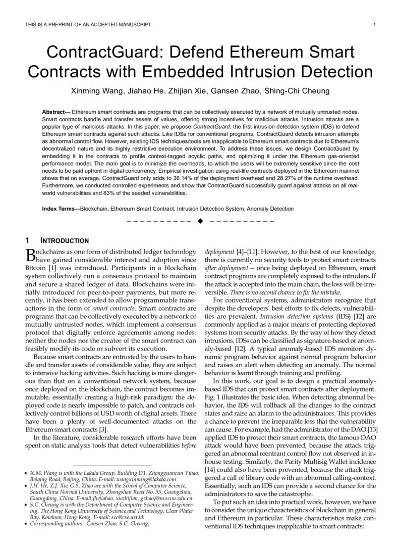 ContractGuard: Defend Ethereum Smart Contracts with Embedded Intrusion Detection | DeepAI