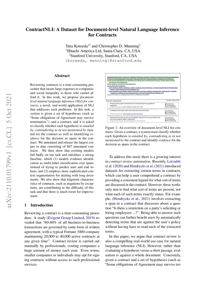 ContractNLI: A Dataset for Document-level Natural Language Inference for Contracts | DeepAI