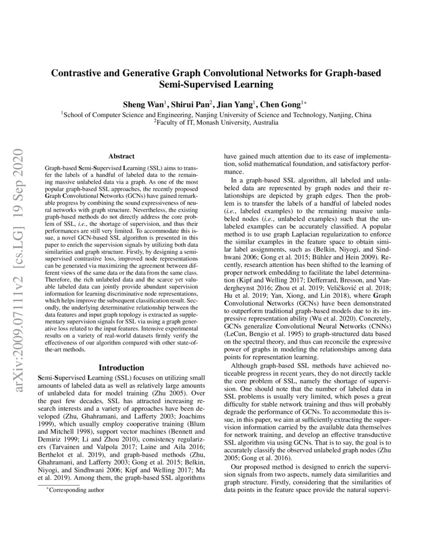 Contrastive and Generative Graph Convolutional Networks for Graph-based Semi-Supervised Learning ...