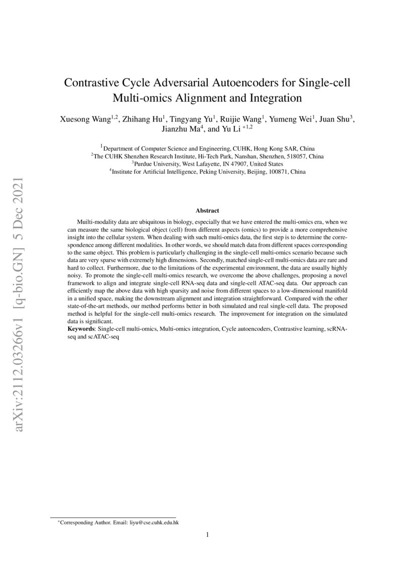 Contrastive Cycle Adversarial Autoencoders For Single Cell Multi Omics Alignment And Integration