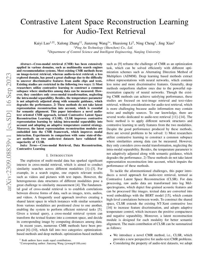 Contrastive Latent Space Reconstruction Learning For Audio Text Retrieval Deepai