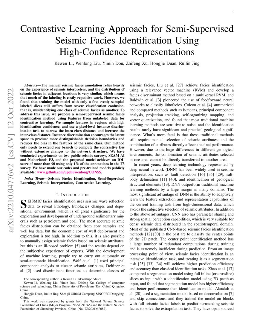 Contrastive Learning Approach for Semi-Supervised Seismic Facies Identification Using High ...