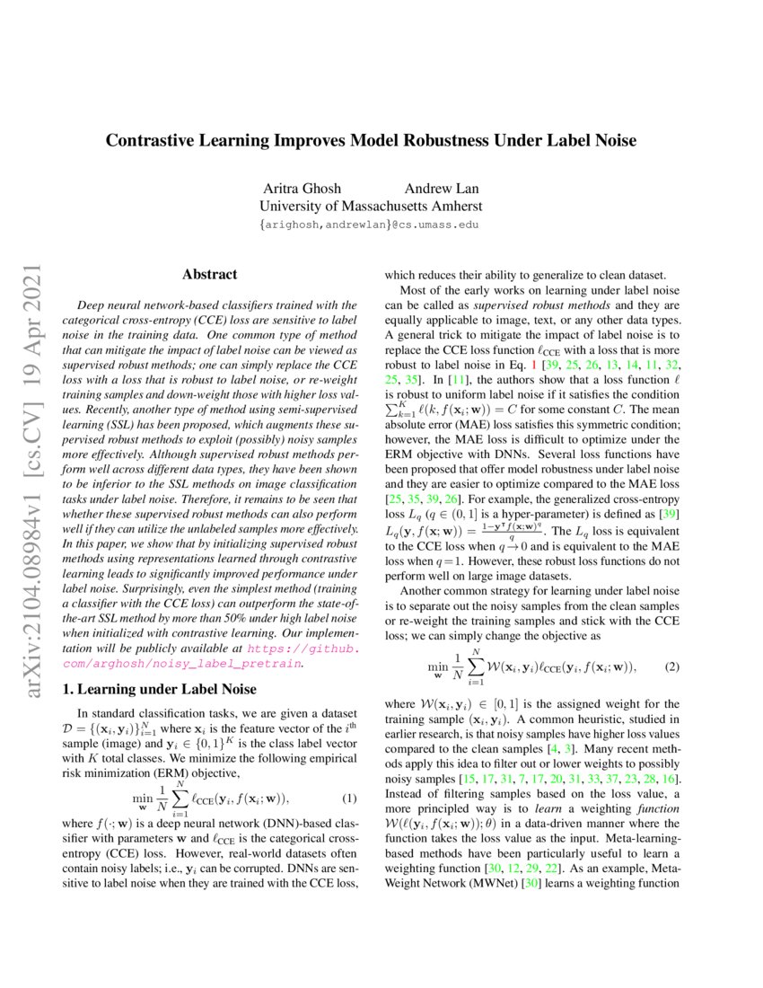 Contrastive Learning Improves Model Robustness Under Label Noise | DeepAI