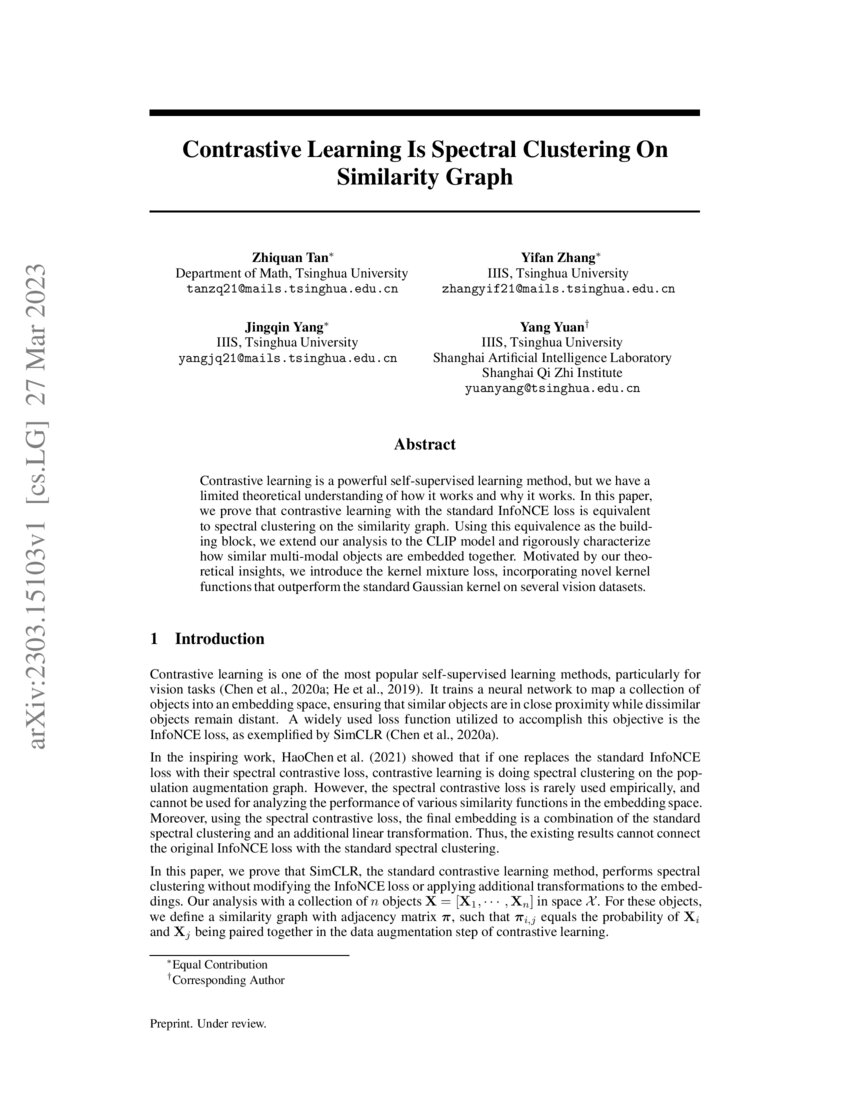 Contrastive Learning Is Spectral Clustering On Similarity Graph Deepai