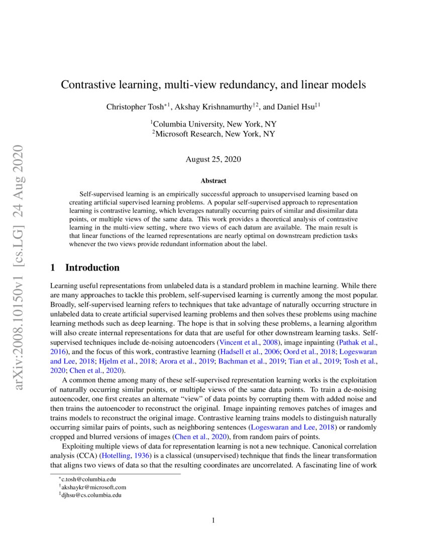 Contrastive learning, multi-view redundancy, and linear models | DeepAI