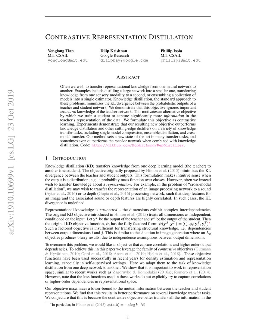 Contrastive Representation Distillation | DeepAI