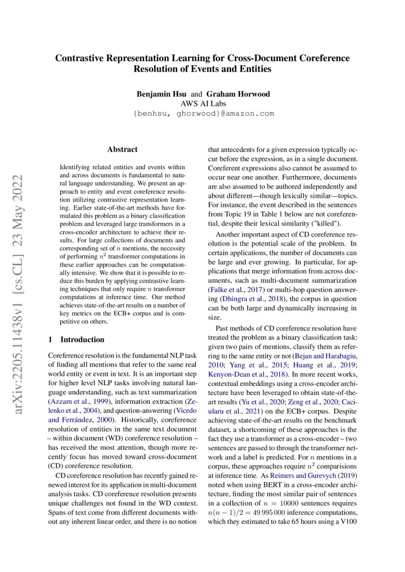 Contrastive Representation Learning For Cross Document Coreference Resolution Of Events And