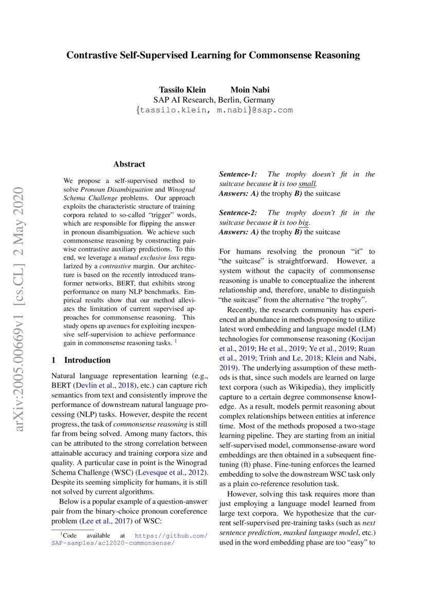 Contrastive Self-Supervised Learning for Commonsense Reasoning | DeepAI