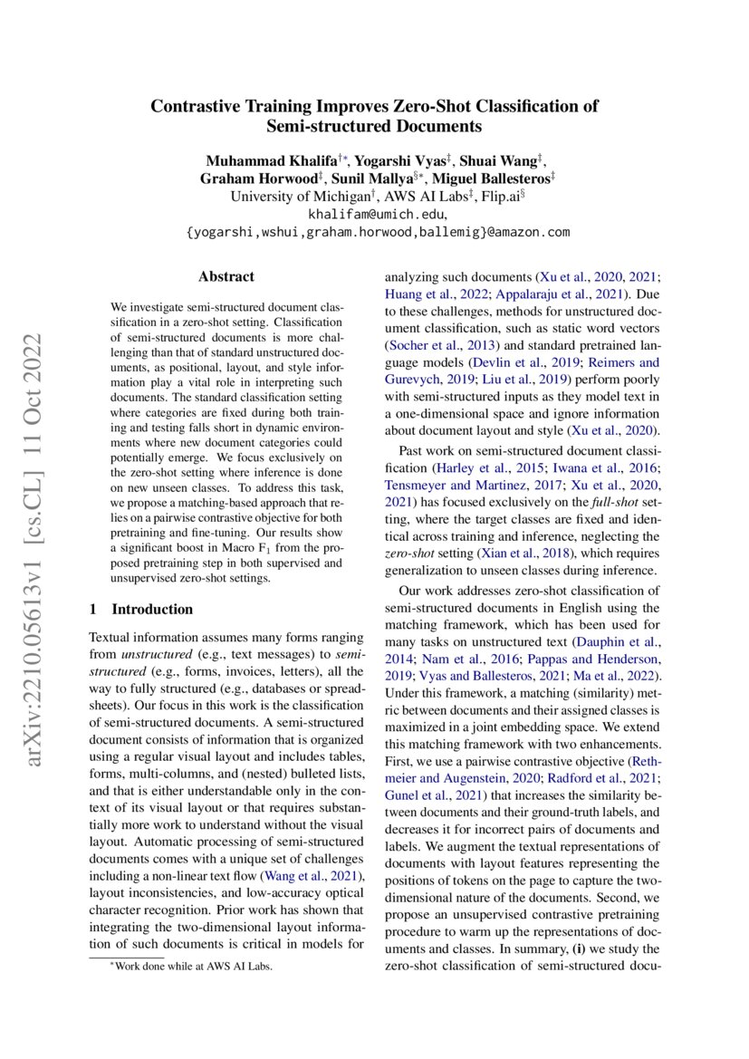 Contrastive Training Improves Zero Shot Classification Of Semi Structured Documents Deepai