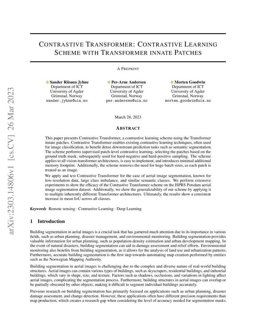 Contrastive Transformer: Contrastive Learning Scheme with Transformer innate Patches | DeepAI