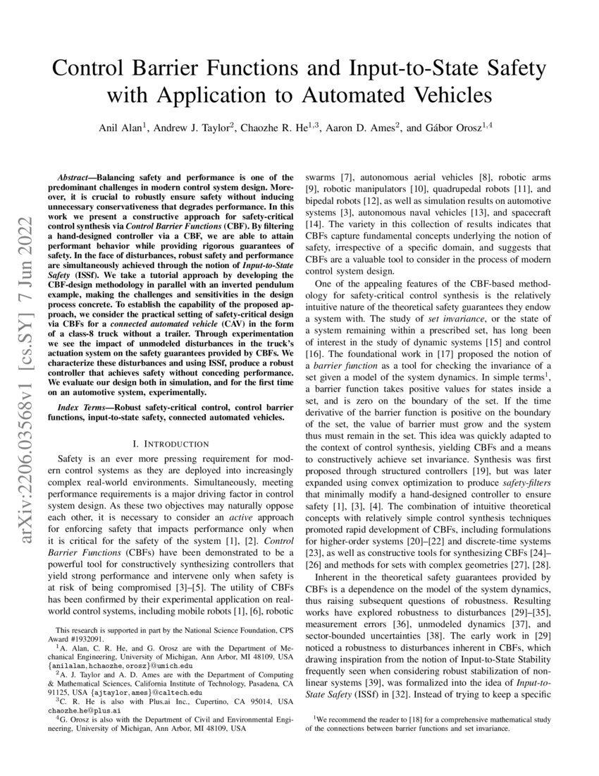 Control Barrier Functions And Input To State Safety With Application To Automated Vehicles Deepai 9205