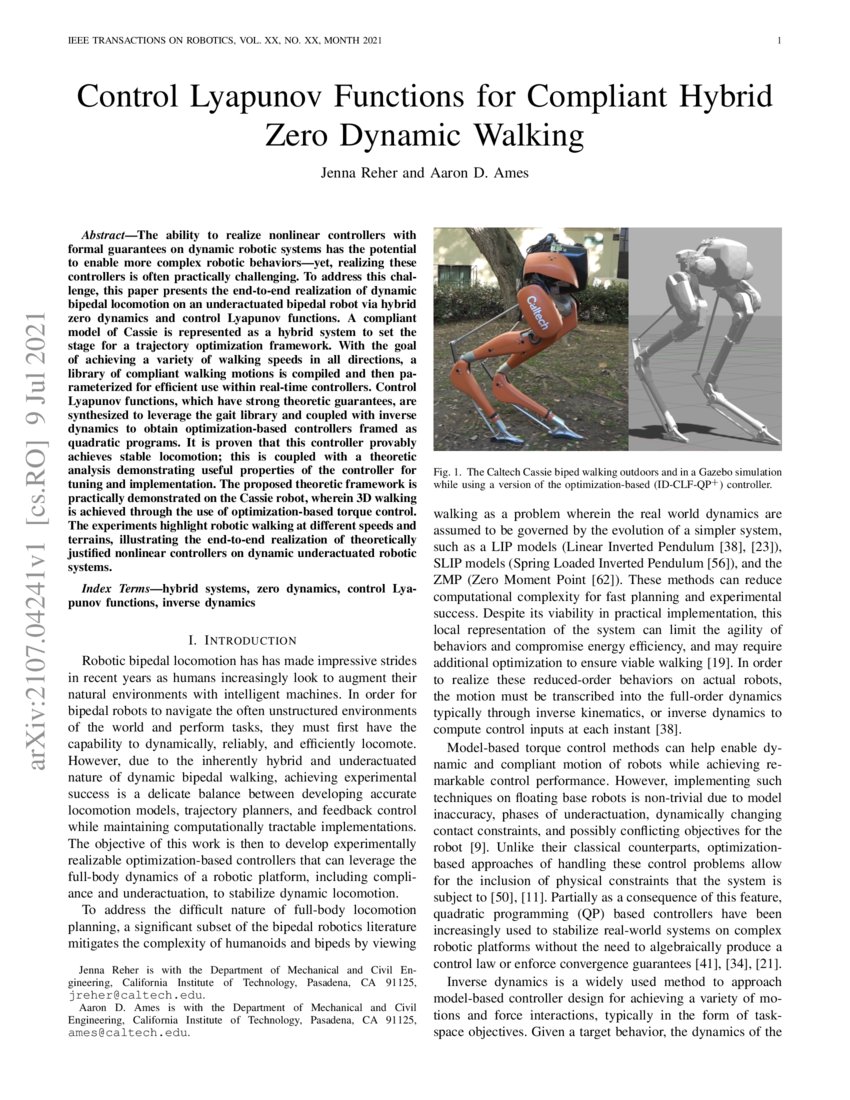 Control Lyapunov Functions for Compliant Hybrid Zero Dynamic Walking | DeepAI