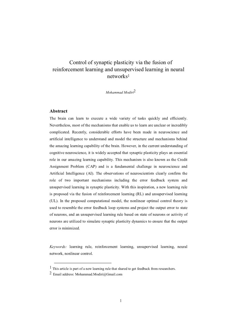 Control of synaptic plasticity via the fusion of reinforcement learning ... Control of synaptic plasticity via the fusion of reinforcement learning ...