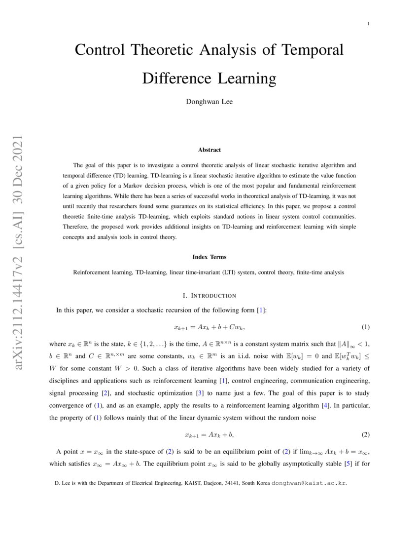 Control Theoretic Analysis of Temporal Difference Learning | DeepAI Control Theoretic Analysis of Temporal Difference Learning | DeepAI