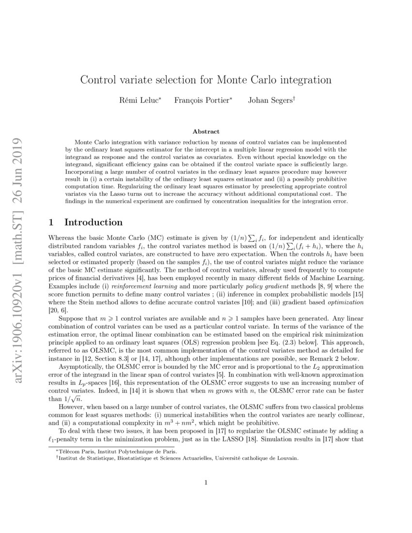Control Variate Selection For Monte Carlo Integration Deepai