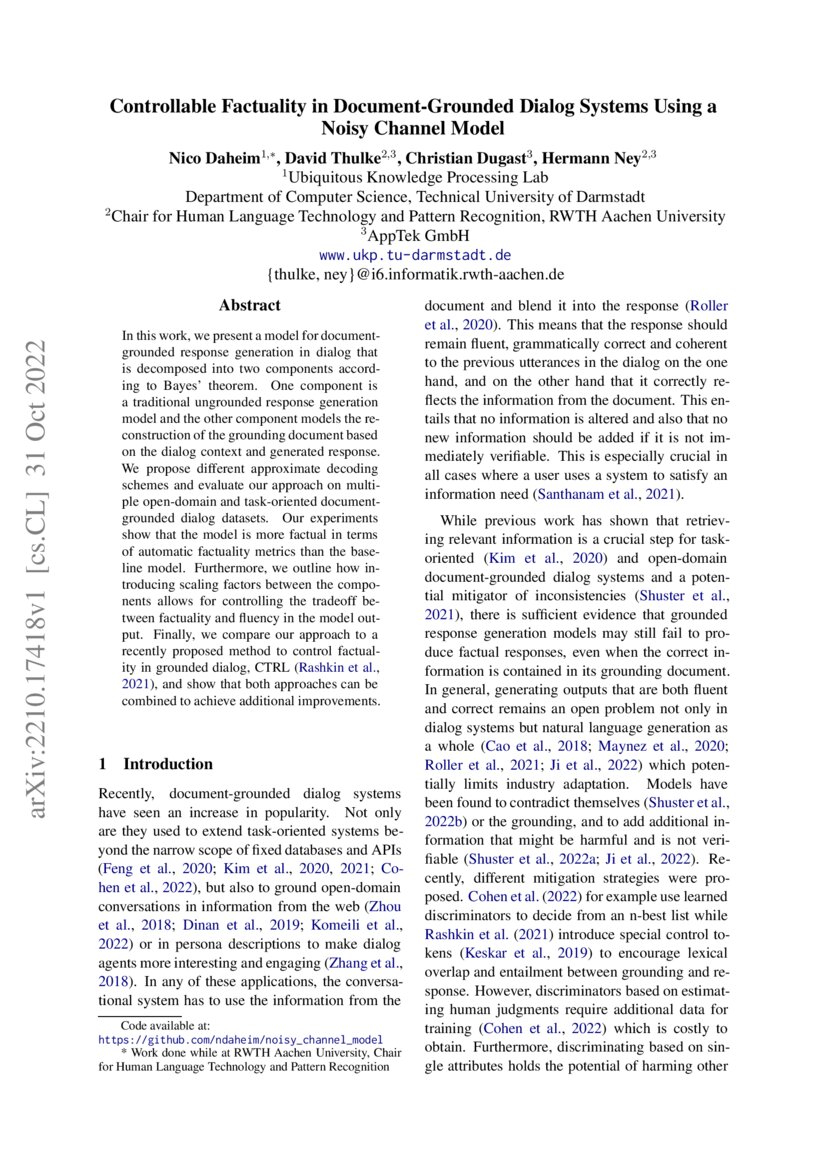 Controllable Factuality in Document-Grounded Dialog Systems Using a Noisy Channel Model | DeepAI