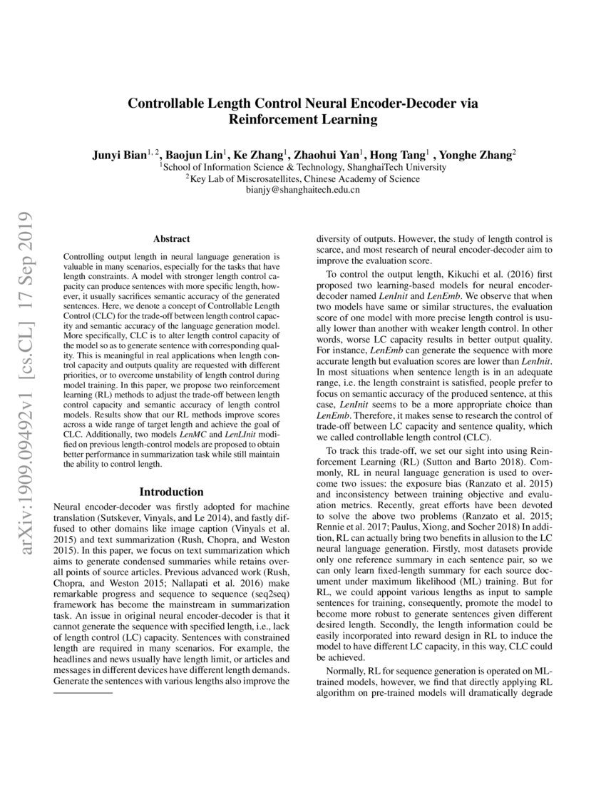 Controllable Length Control Neural Encoder Decoder Via Reinforcement Learning Deepai 