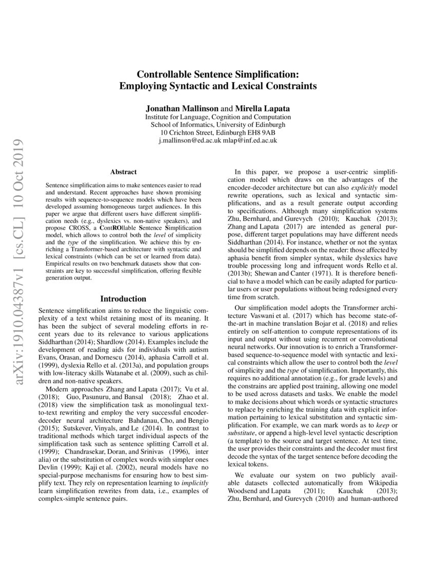Controllable Sentence Simplification: Employing Syntactic and Lexical ...