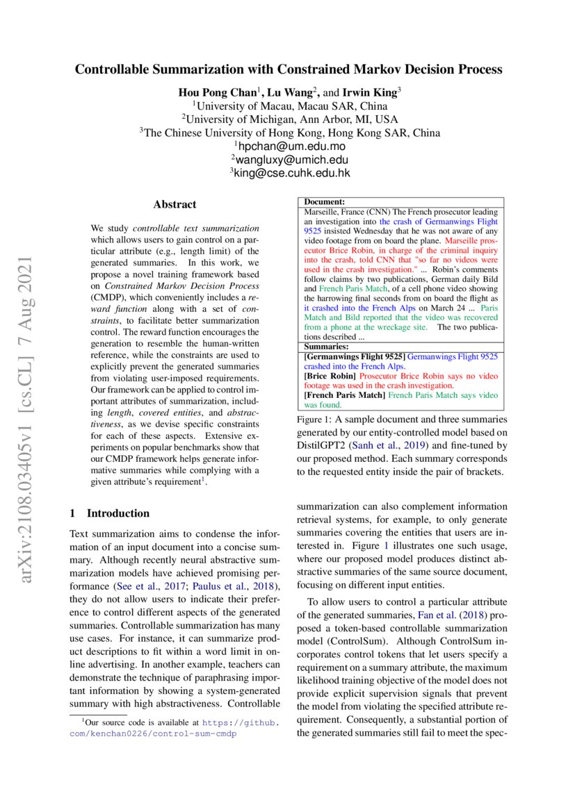 Controllable Summarization with Constrained Markov Decision Process | DeepAI