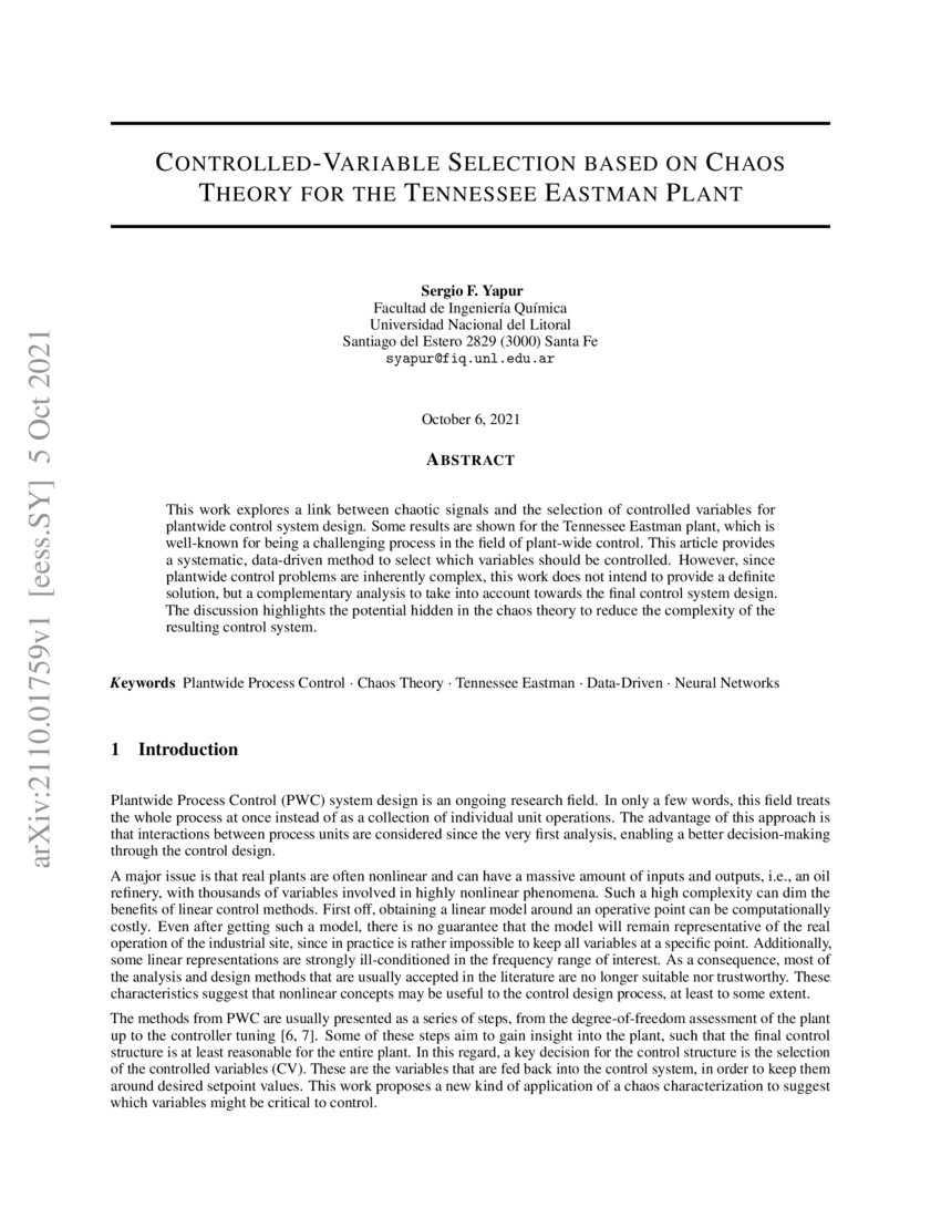 Controlled-Variable Selection based on Chaos Theory for the Tennessee Eastman Plant | DeepAI