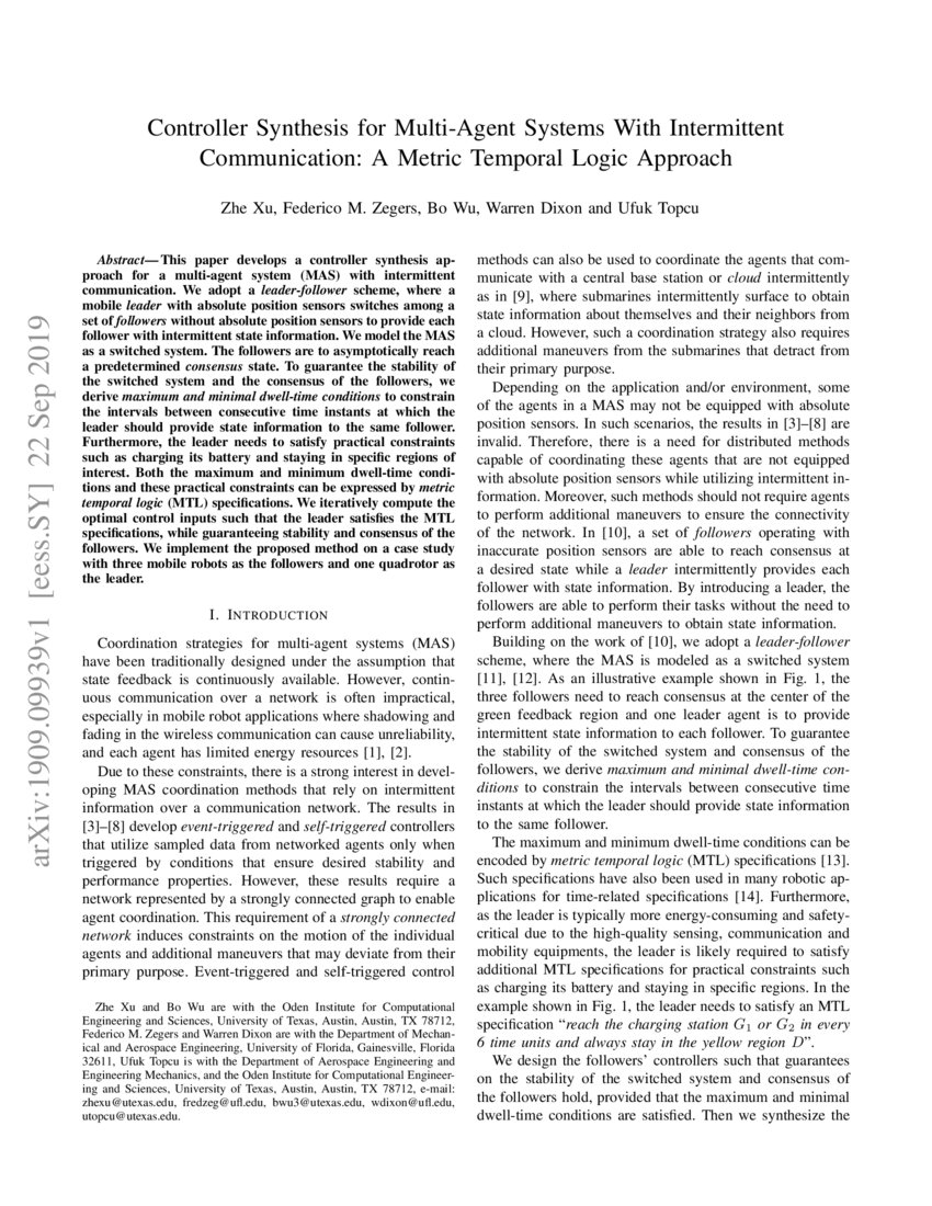 Controller Synthesis For Multi Agent Systems With Intermittent Communication A Metric Temporal