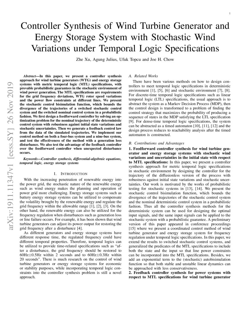 Controller Synthesis Of Wind Turbine Generator And Energy Storage System With Stochastic Wind