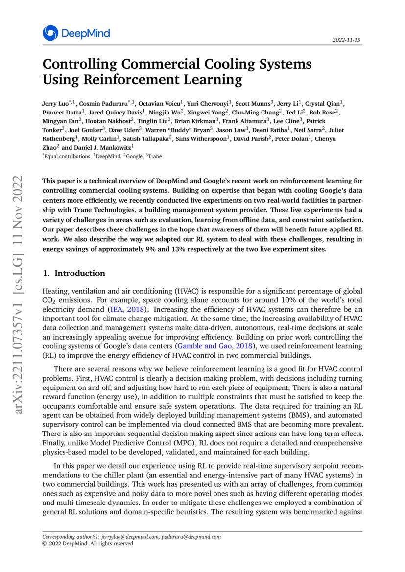 Controlling Commercial Cooling Systems Using Reinforcement Learning | DeepAI