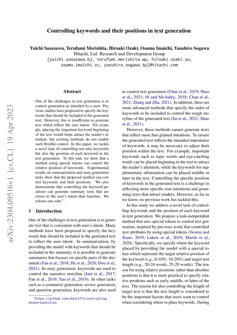 Controlling keywords and their positions in text generation | DeepAI