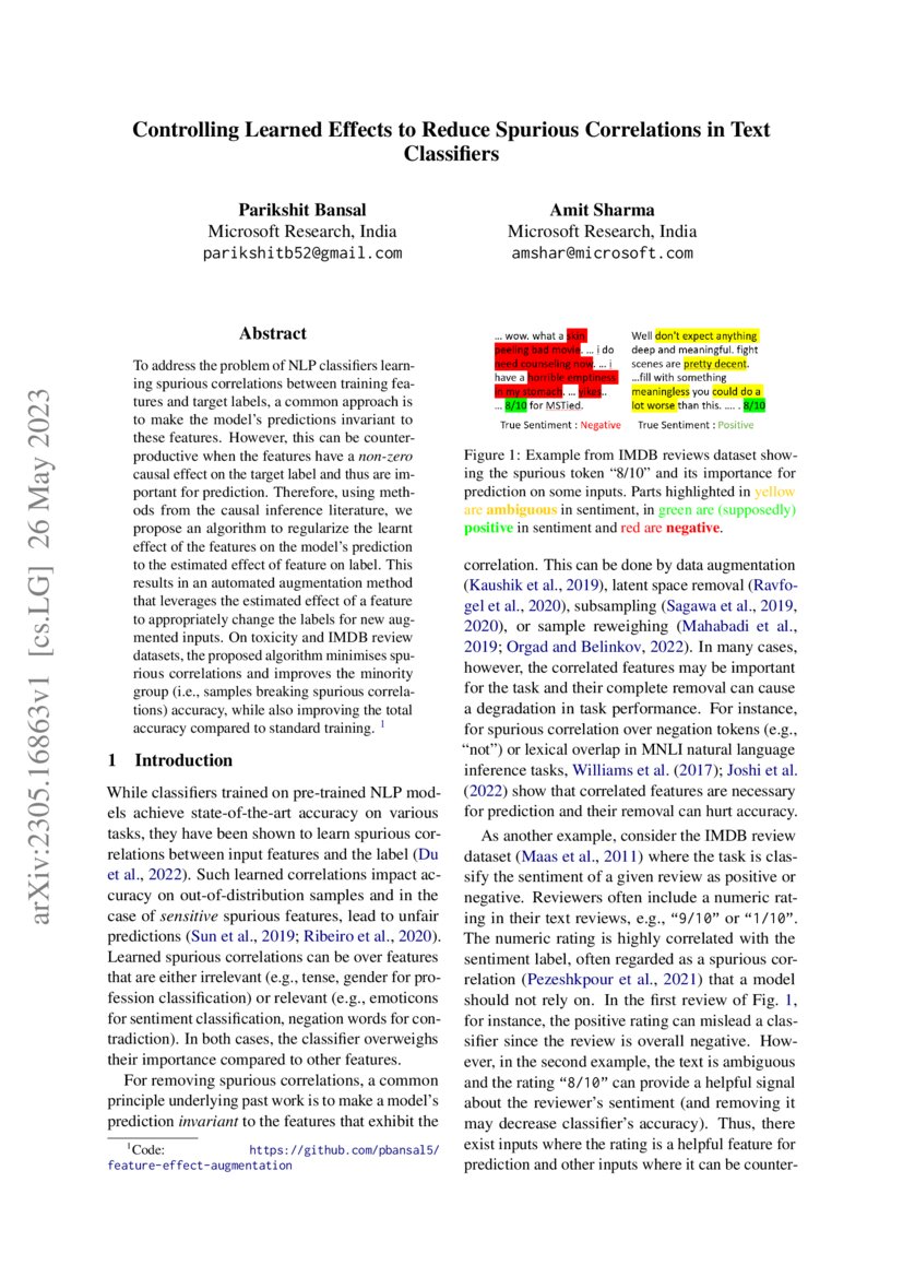 Controlling Learned Effects To Reduce Spurious Correlations In Text Classifiers Deepai