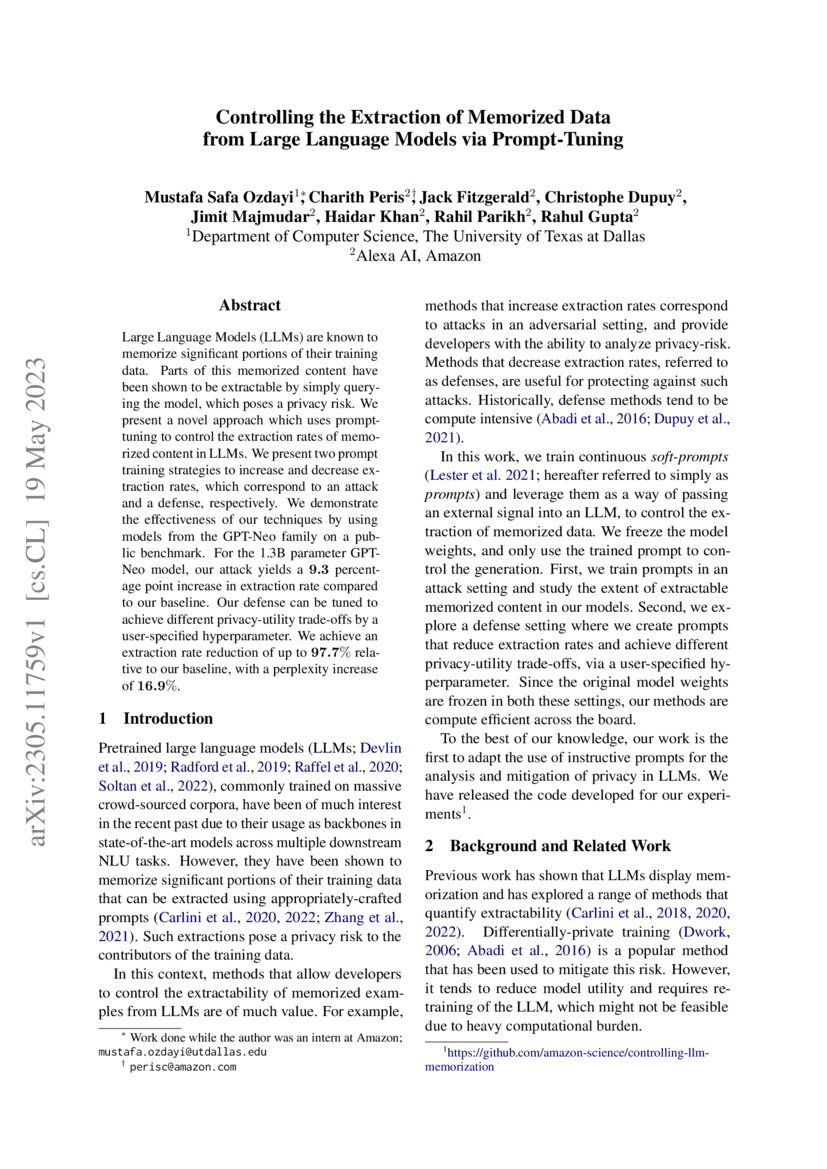 Controlling The Extraction Of Memorized Data From Large Language Models Via Prompt Tuning Deepai 